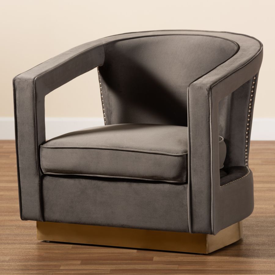 Neville Modern Luxe and Glam Grey Velvet Fabric Upholstered and Gold ...